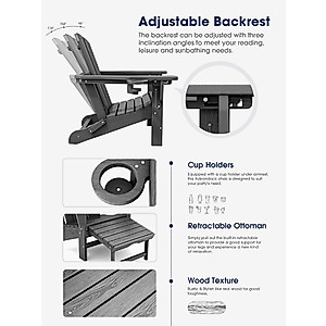 KINGYES Folding Adjustable Adirondack Chair with Retractable Ottoman Set of 2, HDPE All Weather Chair with Cup Holder, Wood-Like Reclining Adirondack Chair - Versatile Adirondack Chair, Grey