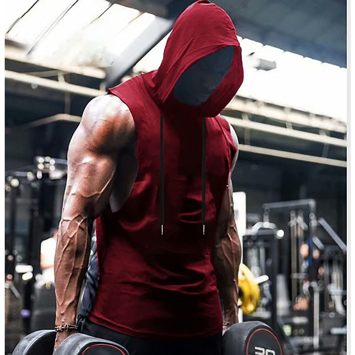 Babioboa Men's Hooded Training Tank Tops Quick Dry Running Cut Off T-Shirt Gym Drawstring Sleeveless Hoodie(Wine Red Medium)