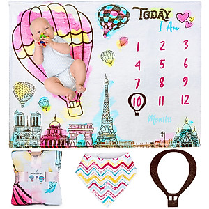 SUKOON Milestone Blanket for Baby Boy/Girl | Large - 47L x 40W | Personalized Baby Month Blanket with Hot Air Balloon Marker and Bib