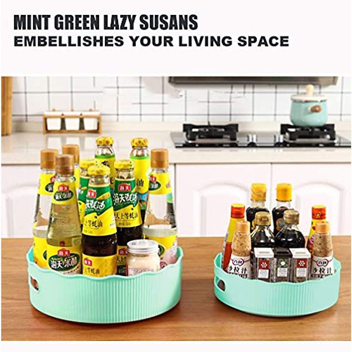 Lazy Susan Set of 2, Turntable Organizer Containers, Cabinet Pantry Organizer, Rotating Spice Rack for Kitchen, Fridge, Countertop, Bedroom, Home Office, Bathroom, Size 11.5" and 9.5"(Mint Green)