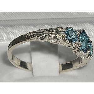 Ladies Solid Sterling Silver Real Genuine Blue Topaz English Victorian Trilogy Ring - Size 11