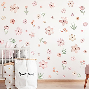 Boho Flower Wall Decals，Pink Watercolor Flower Wall Art，Wildflower Wall Decals，Girls Bedroom Removable Wall Decals，Nursery Kids Room Decor Vinyl Murals DIY Cute Decorations