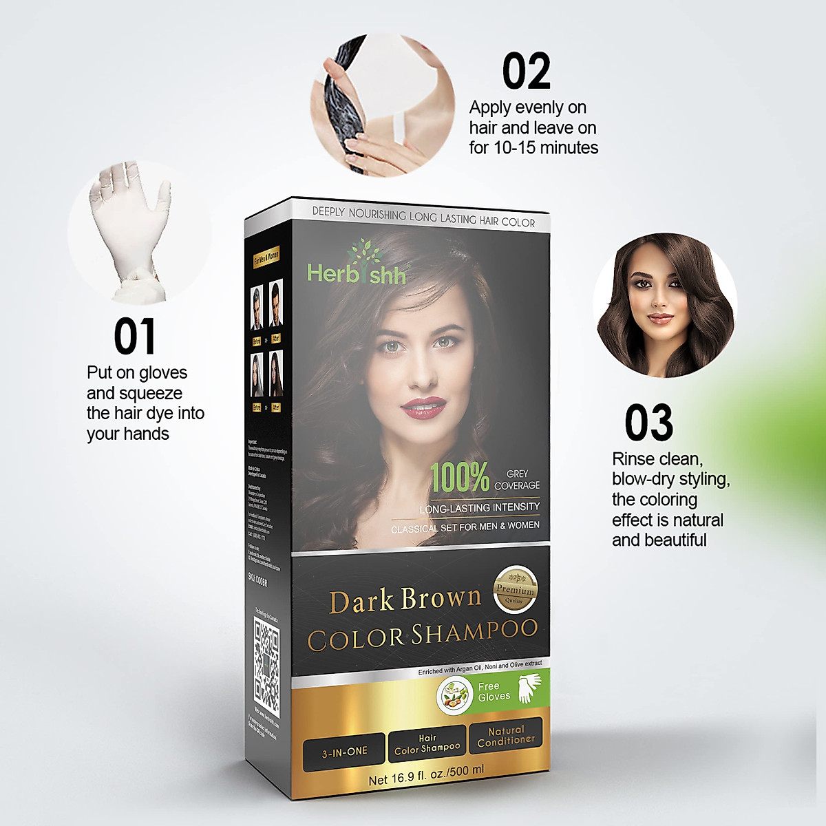 Herbishh Hair Color Shampoo - Magic Dye for Gray Hair, Lasting Color in Minutes - 500 Ml, 3-In-1, Ammonia-Free (Dark Brown)