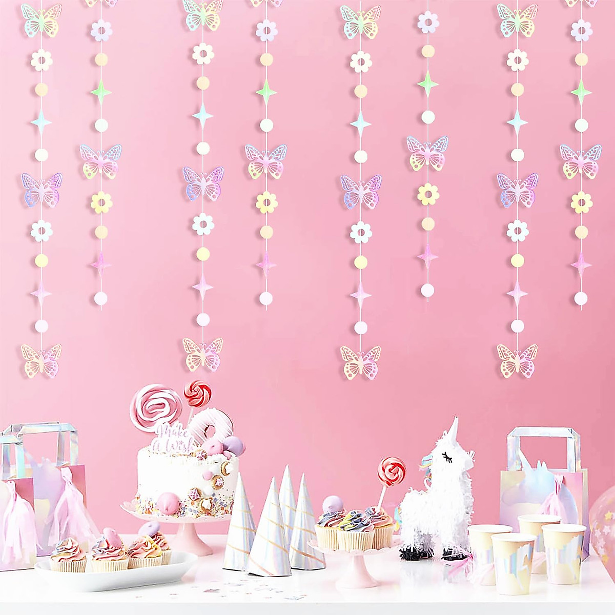 Iridescent Butterfly Girl-Birthday Party-Decorations Garland-Streamers - 52Ft Baby Shower Bachelorette Holographic Hanging Banner Decor,Engagement Garden Classroom Pastel Glitter Backdrop Huglony