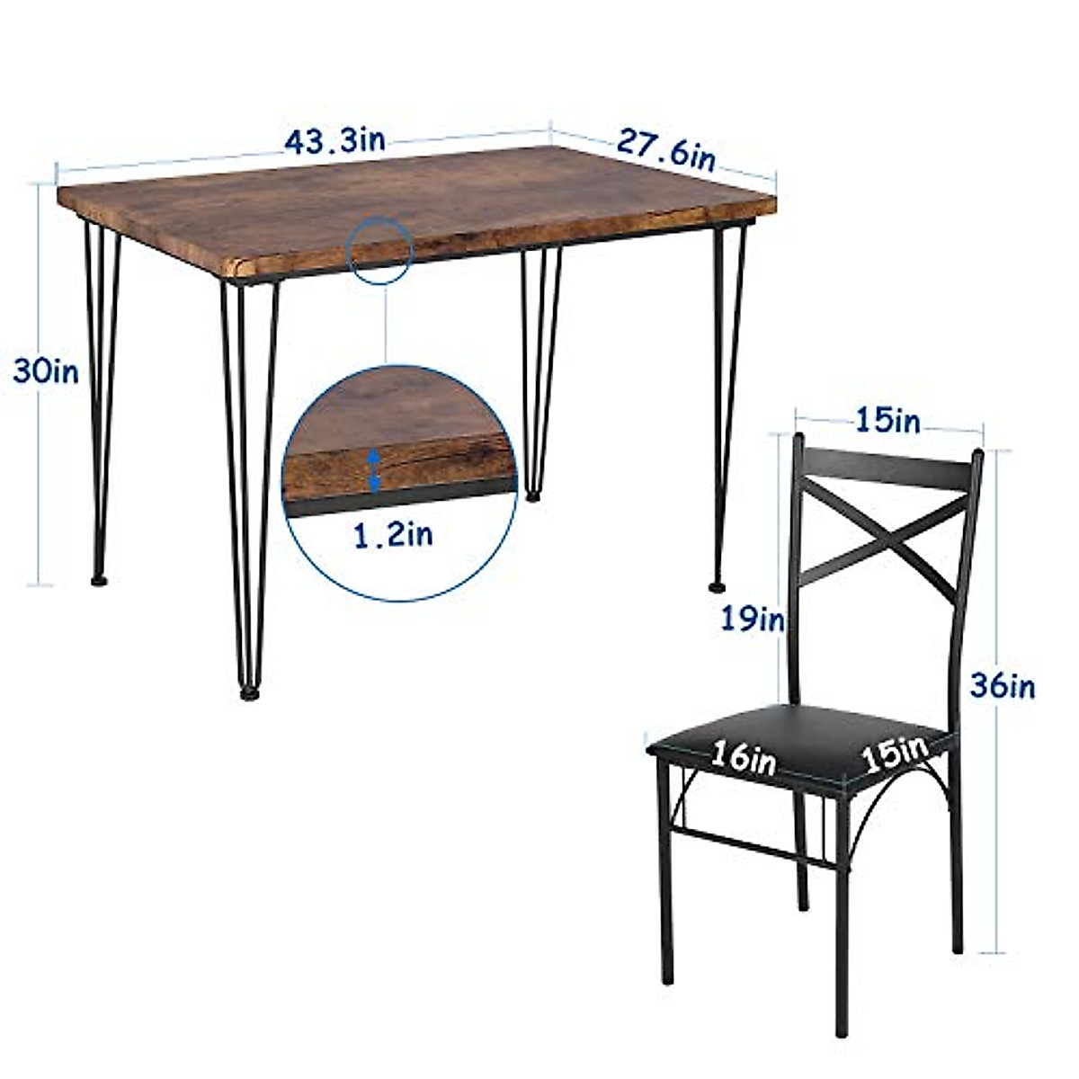 VECELO Kitchen Dining Room Table Set for Dinette, Breakfast Nook, 4 PU Metal Frame Chairs,Rectangular, Brown