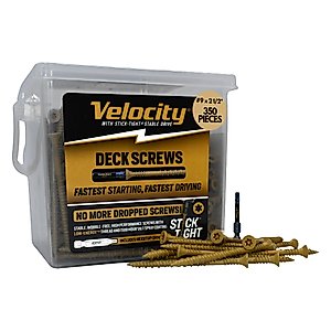 Velocity 2 1/2 Inch Deck Screws (Size #9), Self Tapping Exterior Wood Screws Tan Rust Resistant Coating, Stick-Tight Technology, Hexstix T25 Torx Bits, Contractor Pack (350 Pieces)