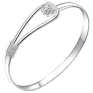 Topbuti 925 Sterling Silver Bracelet Plated Cuff Bangle Bracelet Fashionable Flower Pattern Chain Bracelet Gift for Woman, Valentine's Day Mother's Day 7.7 Dia