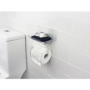 COLINCH Acrylic No Drill Toilet Paper Holder with Shelf - Splashproof, Cat-Proof Tissue Roll Holder, Adhesive Wall Mounted Bathroom Wipes Storage