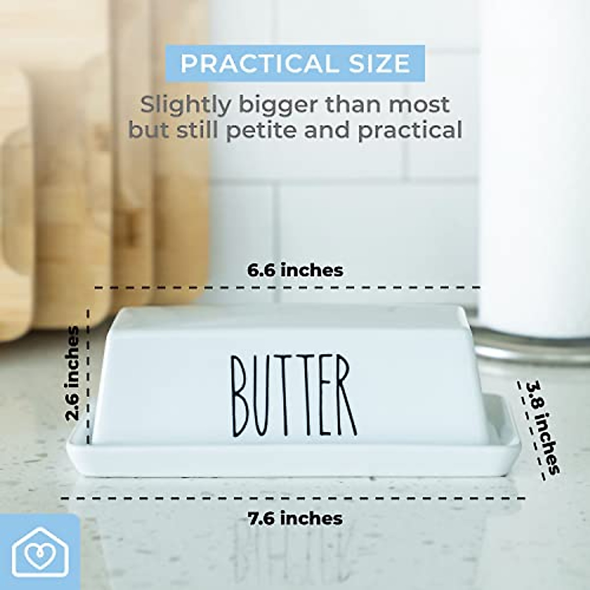 Heartland Home Porcelain Covered Butter Dish with Lid for Countertop (Without Handle). 7.6" x 3.8" Butter Holder Container for One Stick of Butter. Textured Tray Butter Keeper for Non Slip Storage