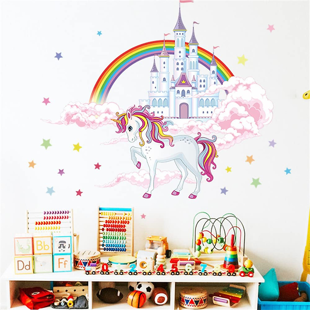 Unicorn Wall Stickers Unicorn Wall Decals with Rainbow Castle Removable Wall Art Decor for Kids Boys Girls Bedroom Nursery Bedroom Party Home Decoration