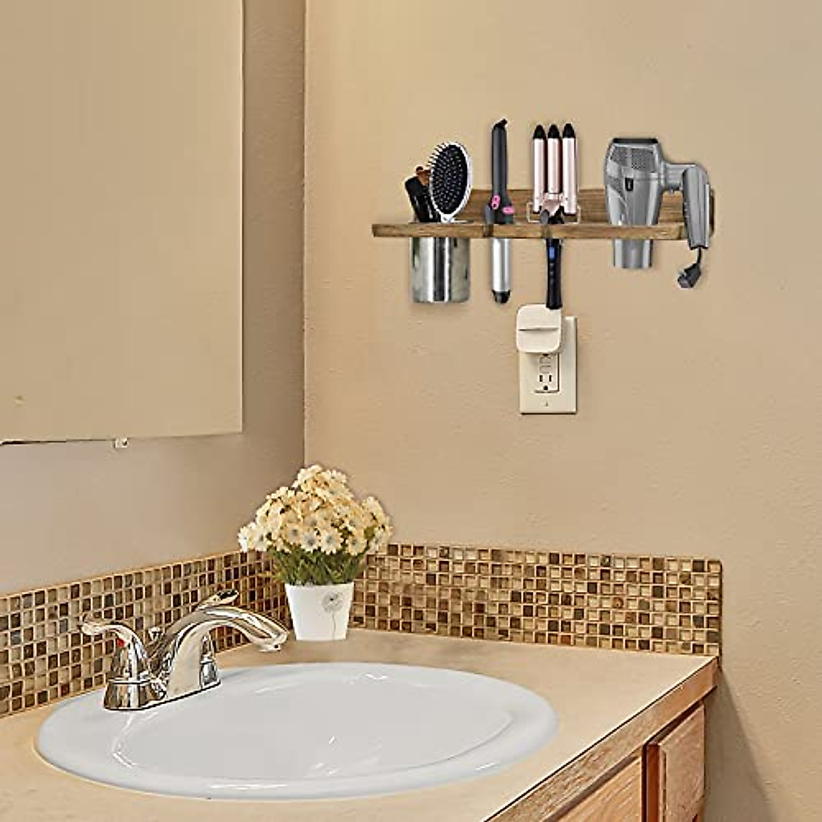 Bathroom Wall Mount Hair Dryer Holder Hair Care & Styling Tool Organizer, Farmhouse Wooden Beauty Hair Appliance Holder for Flat Iron, Curling Wand, Hair Straighteners, Brushes,Dark Brown