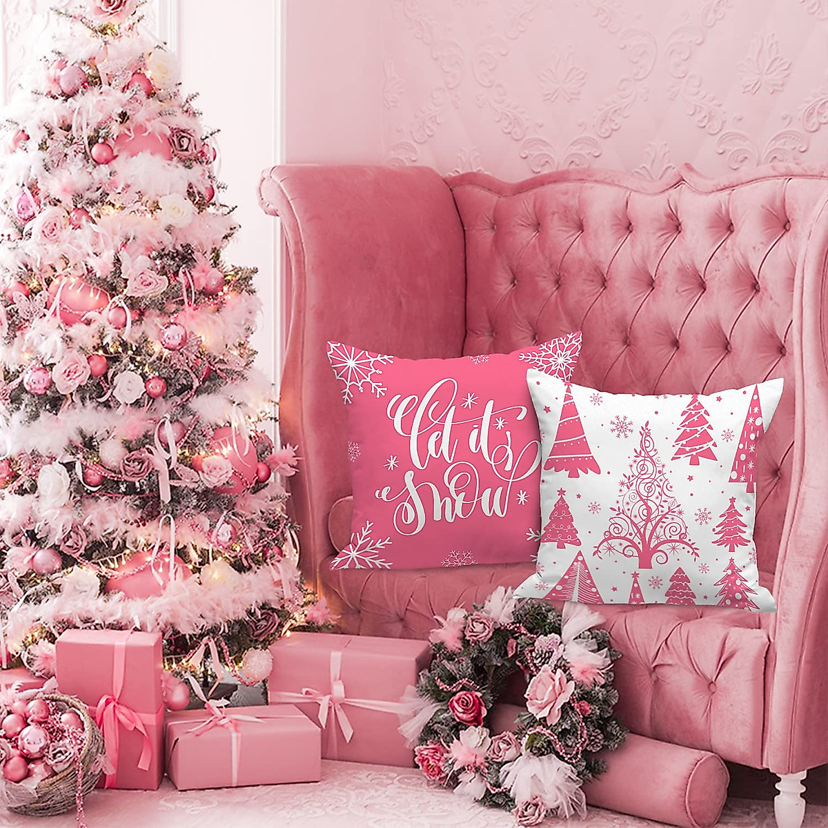 Lanpn White and Pink Christmas Throw Pillow Covers 14x14 Set of 4, 14 inch Decorative Xmas Cushion Covers Pillow Cases 14 x 14 for Home Bedroom Room Holiday Couch Decor Decorations