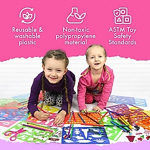 Mimtom Drawing Stencil Kit for Kids, 51 PC Art Set with 270+ Shapes, Sketch Pad, and Colored Pencils for Child's DIY Arts and Crafts, Draw with Princess, Fairies and Animal Stencils, Pink