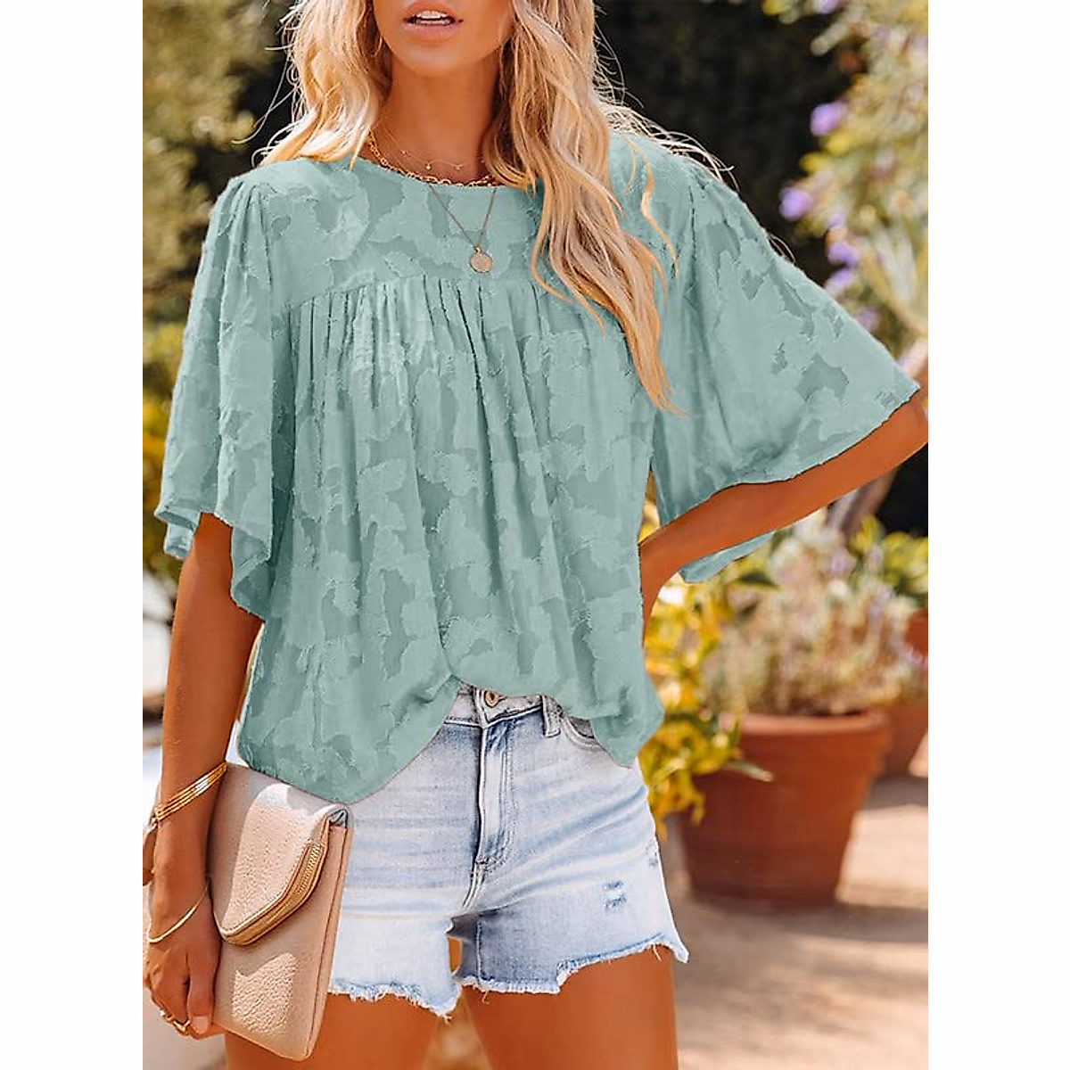 Dokotoo Women Lace Patchwork Green Tops Crewneck Bell Sleeve Babydoll Blouses for Women Fashion 2023 Dressy Casual Green Plus Size Tops Loose Flowy Workout Summer Shirts XX-Large