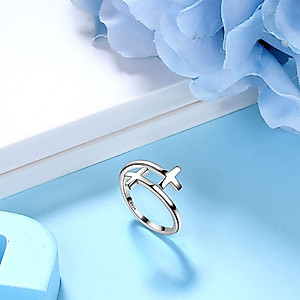Sterling Silver Polished Cross Ring Mens Adjustable Double Wrap Sideways Cross Ring for Women Daughter friend Easter Gift Amulet Jewelry for Wedding Engagement FR0009W