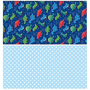 WRAPAHOLIC Reversible Wrapping Paper - Mini Roll - 17 Inch x 33 Feet - Dinosaur and Polka Dot Design for Kid's Birthday, Party, Baby Shower