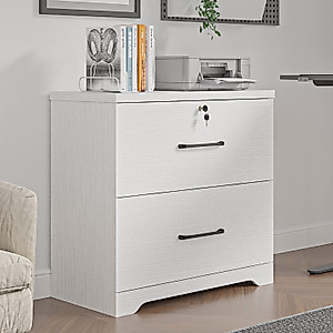 2 Drawer File Cabinet with Lock, Wooden Lateral Storage Home Office Filing Cabinet with Anti-tilt Mechanism with 8 Hanging Bars for Letter/Legal Size (White)