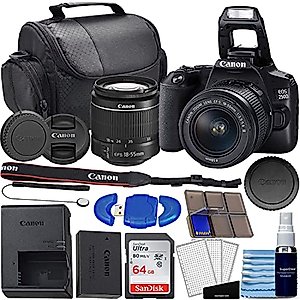 Camera EOS 250D (Rebel SL3) DSLR w/ 18-55mm Lens | 24.1 Megapixels | 4K HD Video with 64GB Memory, Carrying Case, Card Reader + Photo Bundle