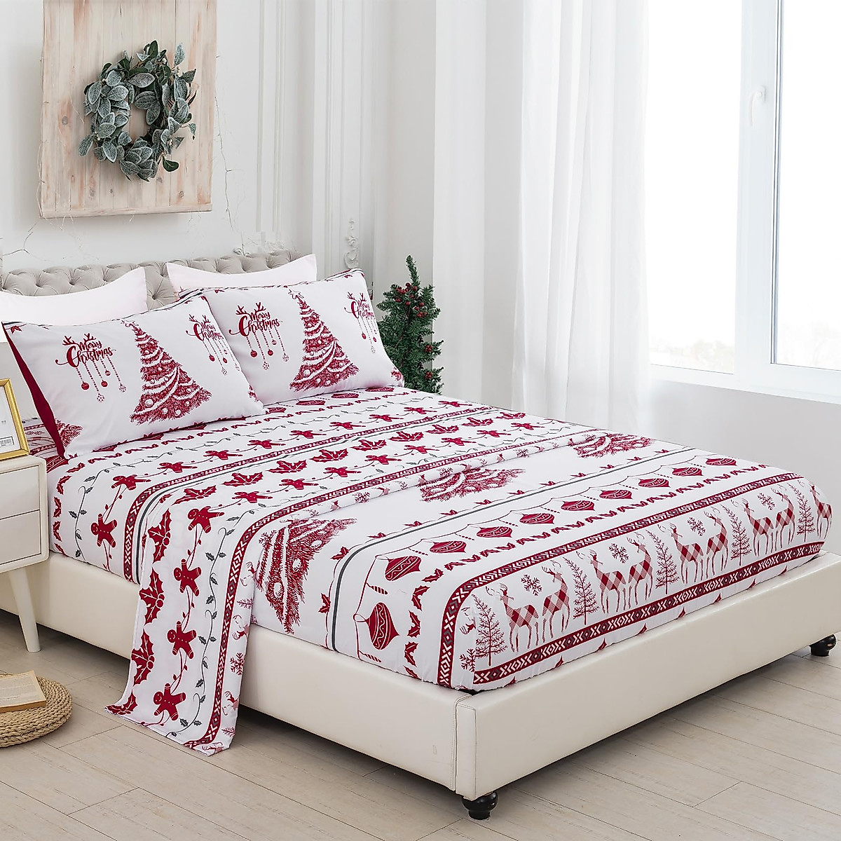 Xruibed 4 Pieces Sheet Set King Christmas Trees Gingerbread Man Sheet Set Xmas Deers Flat Sheet with Fitted Sheet 2 Pillow Cases Deep Pockets Christmas Bedding Sheet Set for Kid Teen Adult