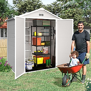 COCLUB 6x4.4FT Resin Shed Plastic Shed Outdoor Storage Shed with Floor,Resin Outdoor Shed with Window, Lockable Door Side Window, Front & Rear Vents for Garden, Backyard, Patio-Light Gray