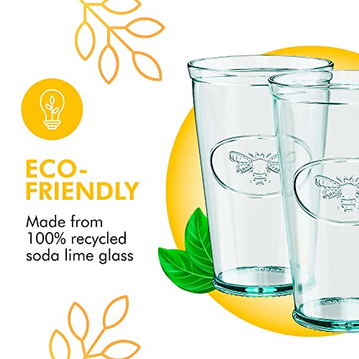 Amici Home Bee Hiball Glass | 16 Oz | Italian Made, Recycled Glass with Green Tint | Drinking Glass with Embossed Bee Design for Water, Juice, Cocktails (Set of 6)