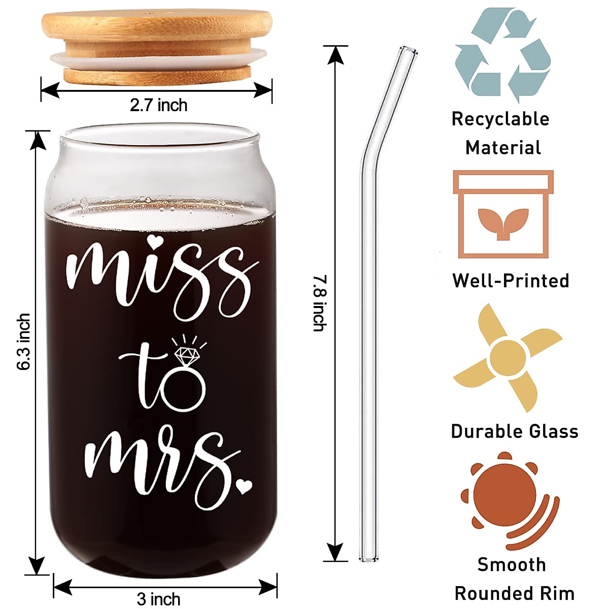 FlyweightZ Bride Gifts for Her - 16oz Miss To Mrs Glass Cup for Wedding Gifts - Bridal Shower Gifts for Bride - Bride To Be Gifts for Bachelorette Party Favors - Cute Cups for Engagement Gifts