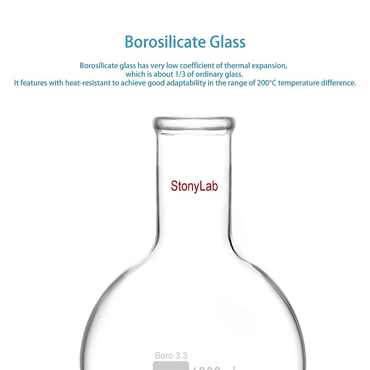 StonyLab Glass 1000ml Long Neck Flat Bottom Flask, Borosilicate Glass Heavy Wall Flat Bottom Boiling Flask with Long Neck, 1000ml (1 Liter)