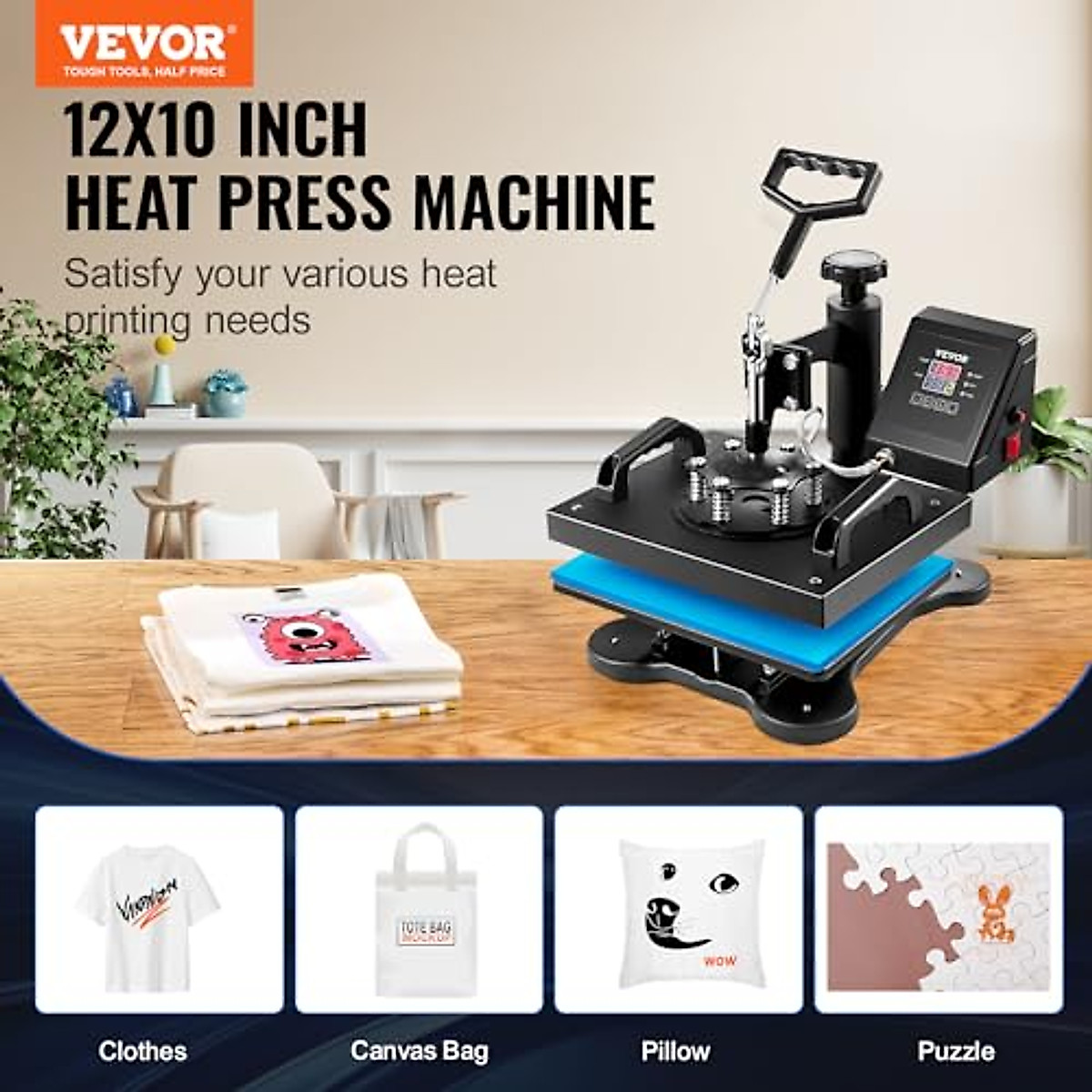 VEVOR Heat Press, Clamshell 12x10in Sublimation Transfer Printer, Digital Precise LCD Control Printing, Vinyl Heat Press for T-Shirts Bags Garments Mats Puzzles, 650W