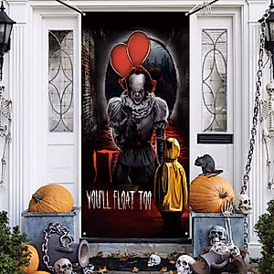 Scary Pennywise Halloween Door Cover Happy Clown Halloween Porch Sign Banner Halloween Classic Horror Party Horror Movie Character Birthday Party Decorations and Supplies