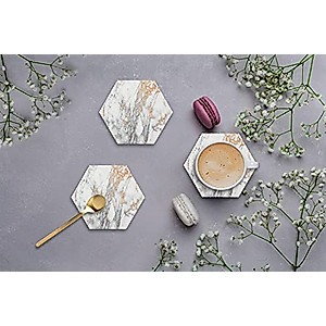 Marble Coasters for Drinks Absorbent with Cork Base, 6 Pcs Drink Coasters for Wooden Table with Metal Holder, Gold Ceramic Cup Coaster Set Rustic Home Decor for Living Room Bar - Housewarming Gifts