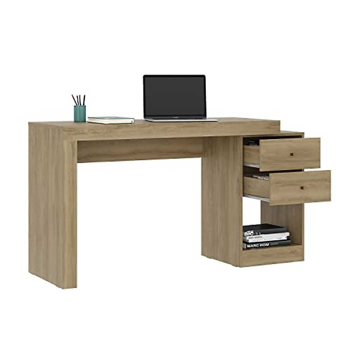 Techni Mobili Expandable Desk with Storage Drawers & Open Shelf - Expands from 47 Inch to 57 Inch - Pine Computer Desk with Printer Space - Modern Home Office Table with Drawers Blanco Collection