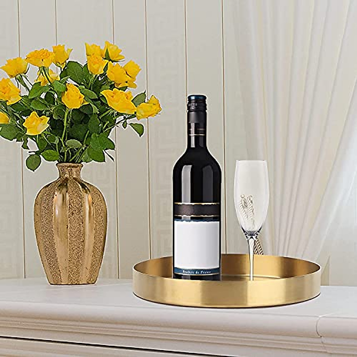 Round Gold Tray, Dedoot Decorative Tray Small - 7.8inch Stainless Steel Metal Tray Organizer Storage Organizer Vanity Trays for Jewelry Cosmetics Coffee Tea Candle, Bathroom Plate Kitchen Tableware