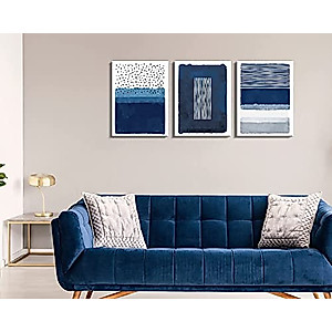 Creoate Blue Canavs Wall Art for Living Room Decor 3 Pieces Abstract Blue and White Painting Canvas Print Framed Artwork Set for Bedroom Decor Navy Blue Canvas Wall Decor, Ready to Hang, 12x16 Inch x3pcs