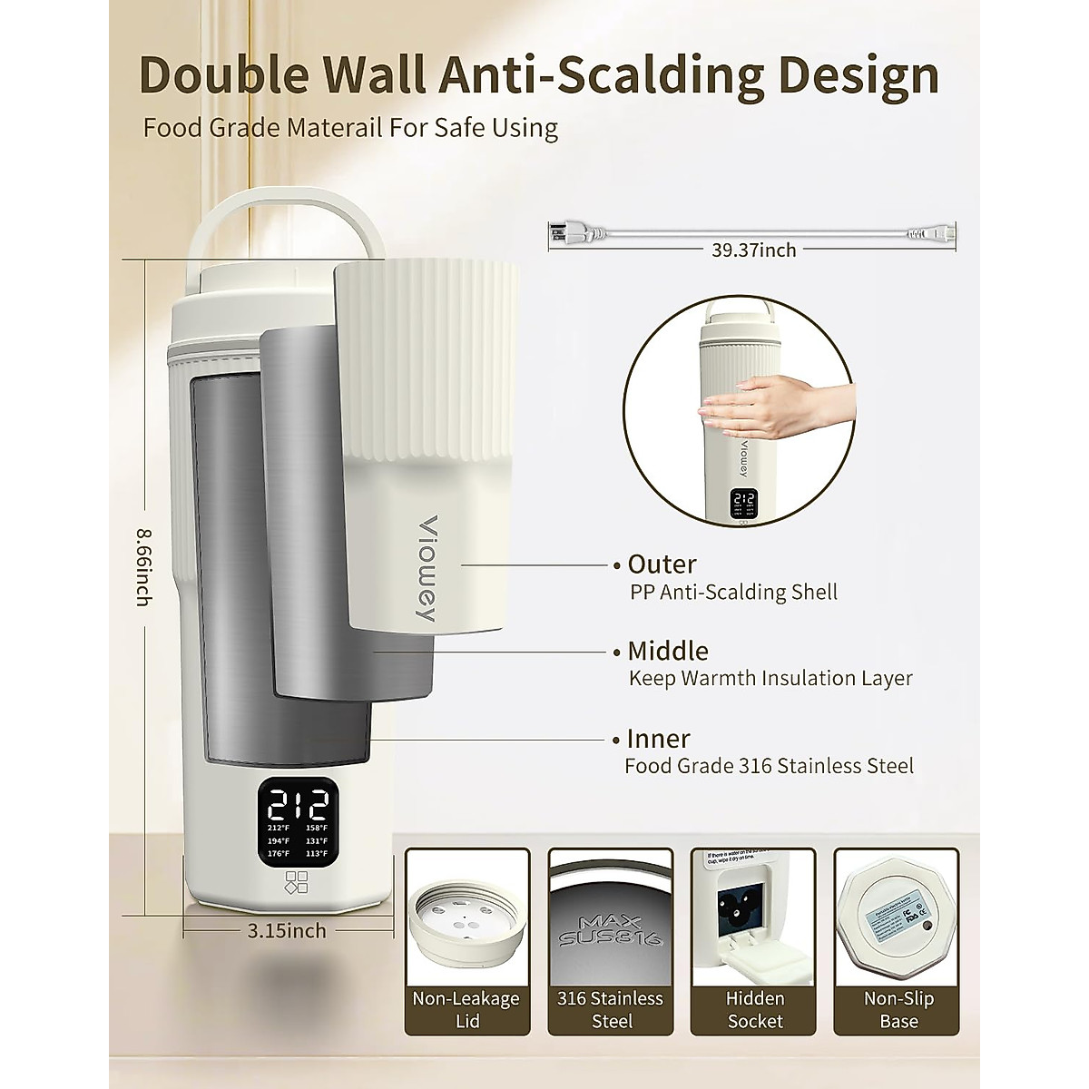 Travel Electric Kettle, 450ml/15.2oz & 316 Stainless Steel Mini Portable Coffee Tea Kettle with 6 Temperature Settings, 100V-240V Small Water Boiler, Auto Shut-off, Boil Dry Protection, BPA-Free