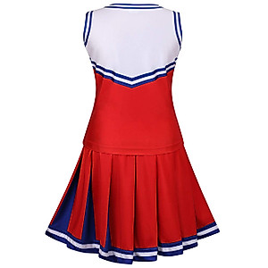 GRAJTCIN Women's Cheerleader Costume Halloween 3-Pieces High School Girl Cheerleading Outfit with Pom Pom(Medium, Red)