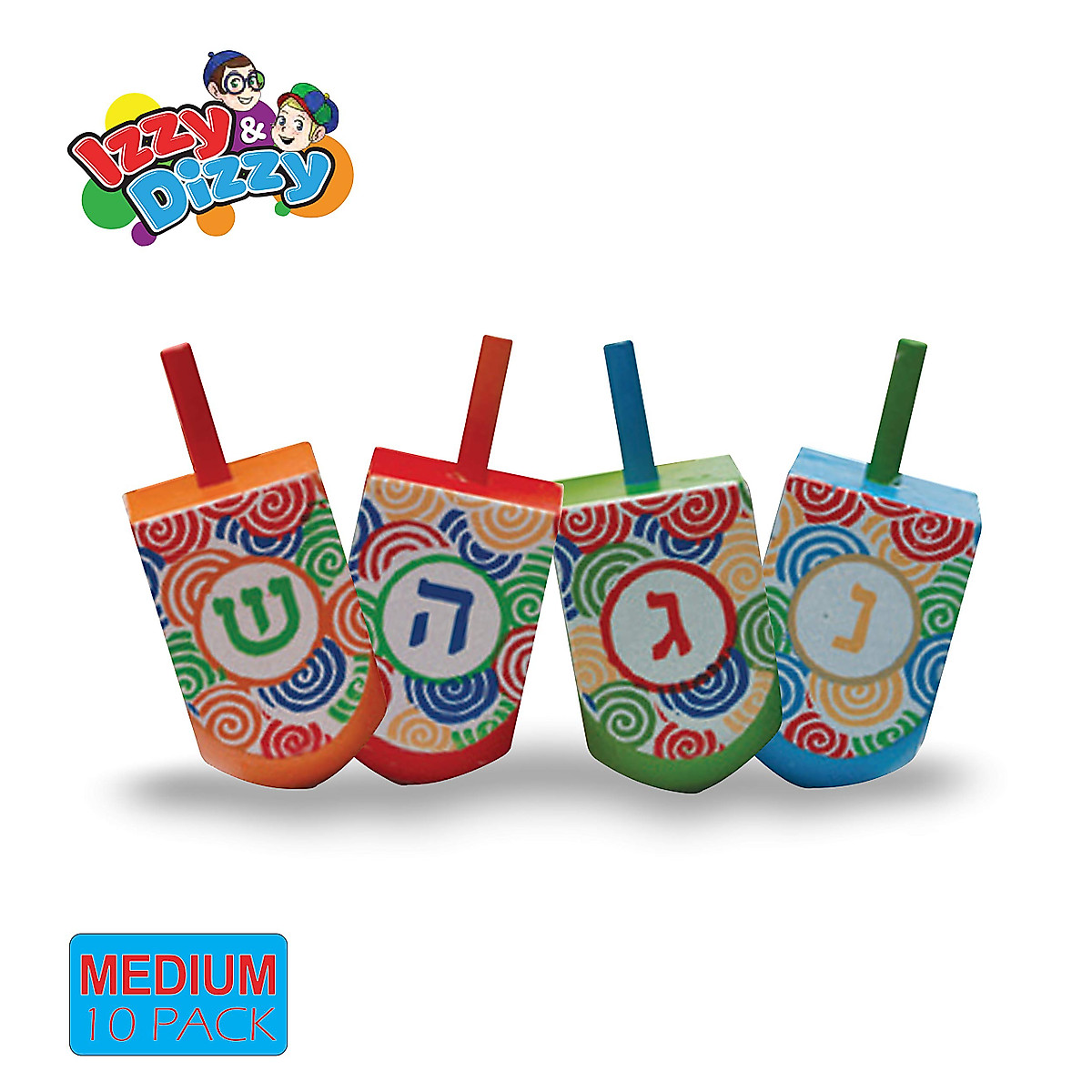 Hanukkah Dreidels - Multi Colored Pattern Print Wooden Dreidel - 10 Pack Medium