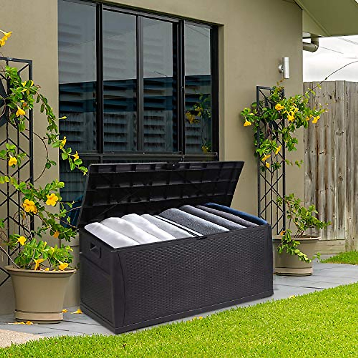 OVASTLKUY 120 Gallon Large Deck Box, Outdoor Storage Box Waterproof Resin Indoor/Outdoor Storage Container and Seat for Patio Cushions (Black)…