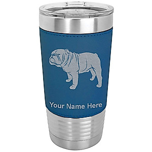 LaserGram 20oz Vacuum Insulated Tumbler Mug, Bulldog Dog, Personalized Engraving Included (Faux Leather, Blue)