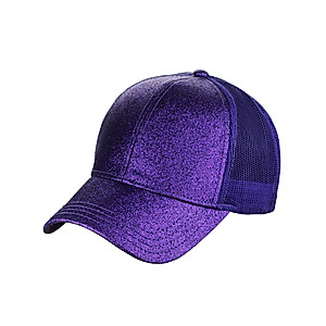 C.C Ponycap Messy High Bun Ponytail Adjustable Glitter Mesh Trucker Baseball Cap, Purple