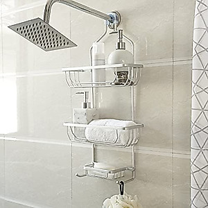 Pure Bath Rust Resistant 3 Tier Metal Hanging Shower Head Storage Caddy Organizer, Silver Chrome