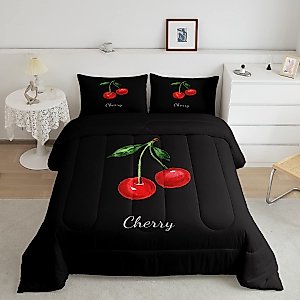 Homewish Cherry Comforter Set Queen Size,Tropical Fruit Bedding Set 3pcs for Kids Teens Adult Room Decor, Solid Black Background Quilt Set Concise Vintage Duvet Insert with 2 Pillowcases