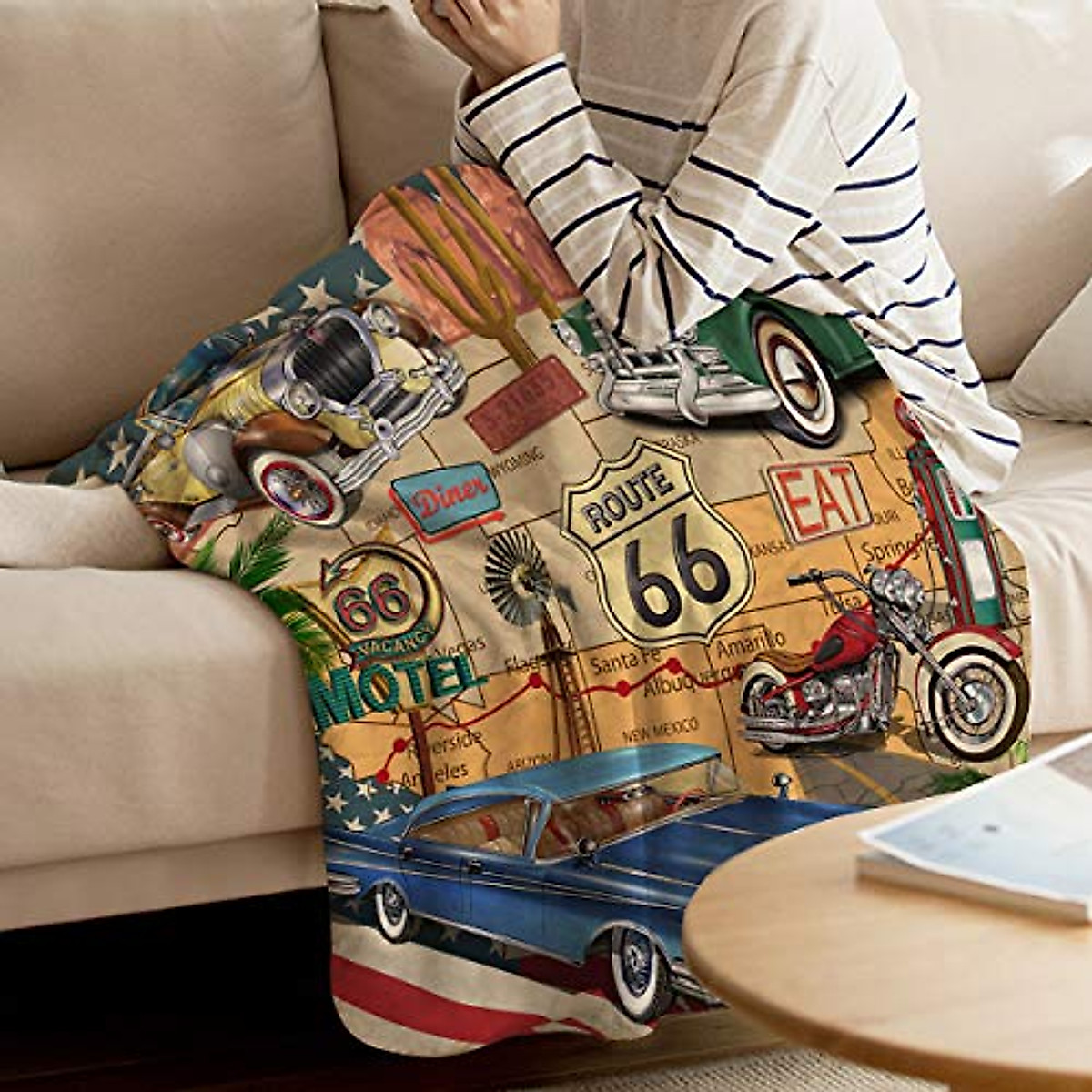 Singingin Ultra Soft Flannel Fleece Bed Blanket Retro Car Motel Route 66 Throw Blanket All Season Warm Fuzzy Light Weight Cozy Plush Blankets for Living Room/Bedroom
