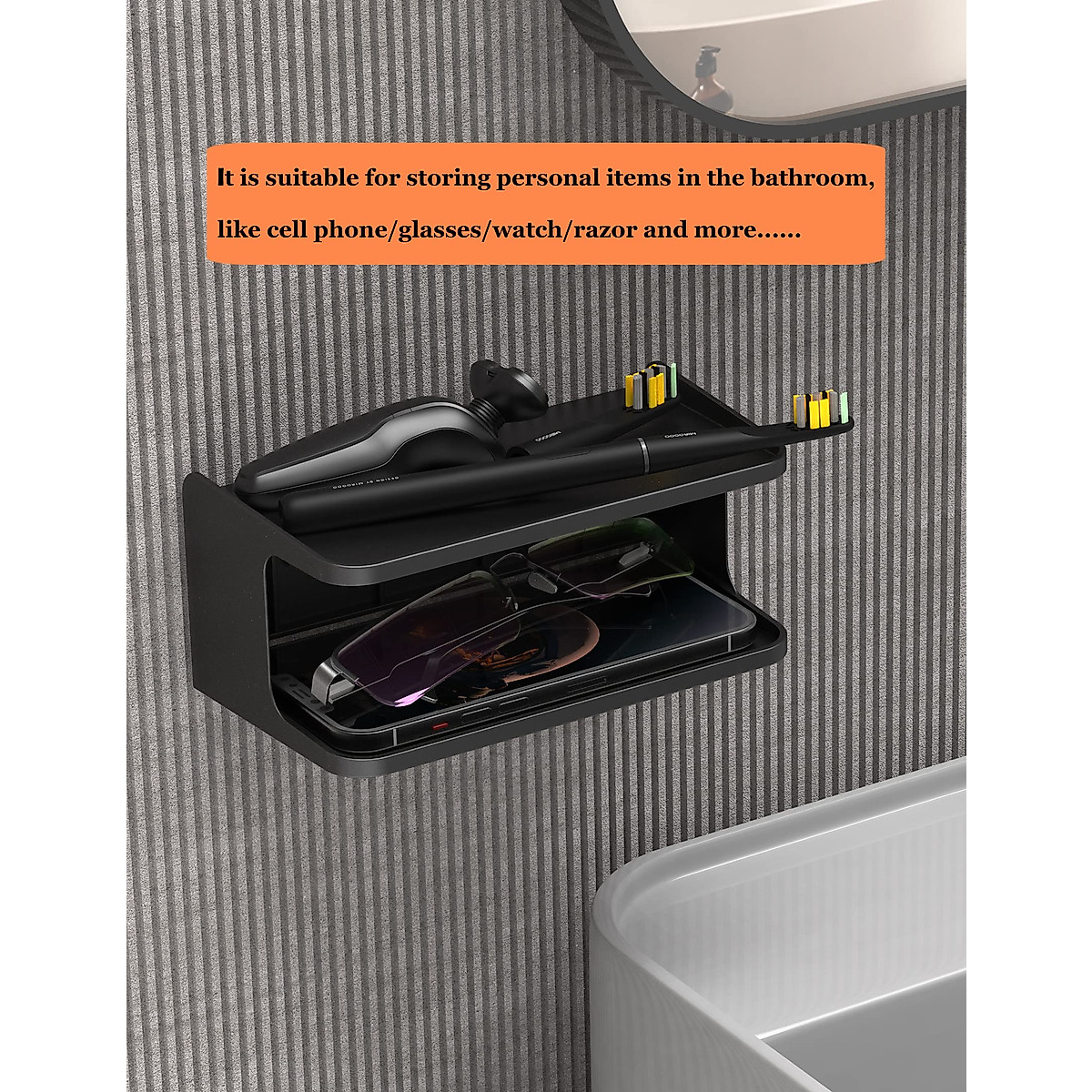 Bedside Shelf Accessories Organizer for Bedroom Bedside Wall Organizer Universal Bedside Shelf Wall Mount for Glasses/Remote/Earphone/Cell Phone and More (Black)