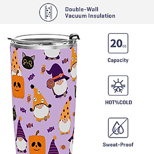 Jihqo Halloween Cute Gnomes Tumbler with Lid and Straw, Insulated Stainless Steel Tumbler Cup, Double Walled Travel Coffee Mug Thermal Vacuum Cups for Hot & Cold Drinks 20oz