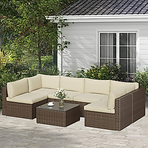 SUNVIVI OUTDOOR 7 Piece Patio Sectional Sofa Outdoor All Weather Brown PE Wicker Furniture Set, Paito Conversation Sofa Set with Glass Table, Removable Beige Cushions