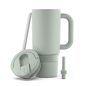 Ello Port 30oz Tumbler with Carry Loop & Integrated Handle | Vacuum Insulated Stainless Steel Reusable Water Bottle Travel Mug | Leak Proof Lid | Flexible Straw | BPA-Free | Dishwasher Safe | Sage