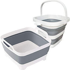 Detsuk Collapsible Basin Bucket (9L+5L)-Collapsible Dish Tub Portable Sink-Foldable Sink Tub for Cleaning Foldable Portable Plastic (9l Dishpan Grey + 5l Bucket Grey)