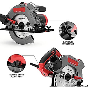 Circular Saw, Electric Saws with Laser Guide, 5000RPM 1500W Electric Circular Saw with 2 Saw Blades (24T+ 40T), 0-45° Bevel Adjustment, Ideal for Woodworking, Construction and Renovation (RED-A)