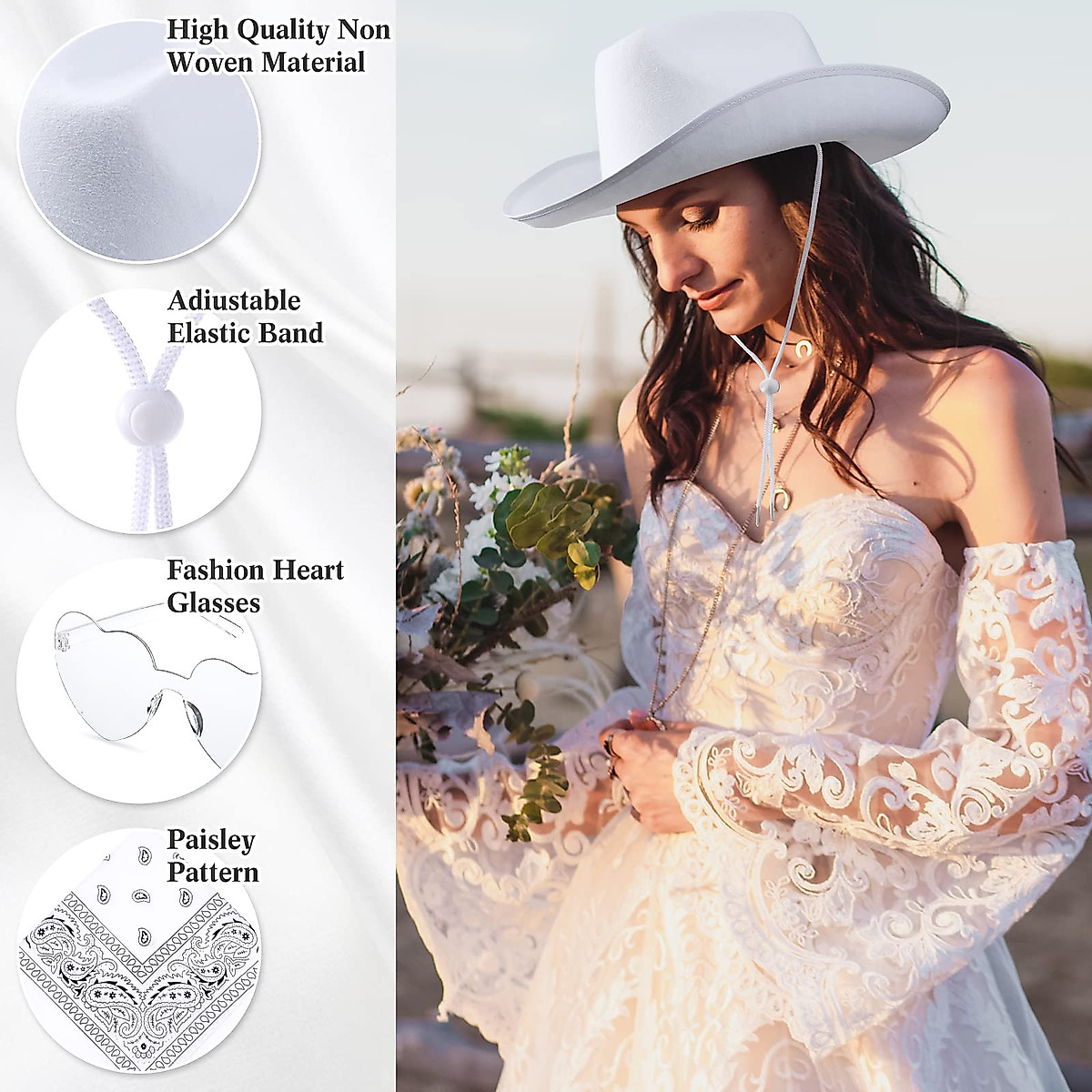 Coume 18 Pcs Cowboy Hat with Heart Sunglasses and Paisley Bandanas Western Cowgirl Hat for Halloween Cosplay Costume(White,Simple Style)