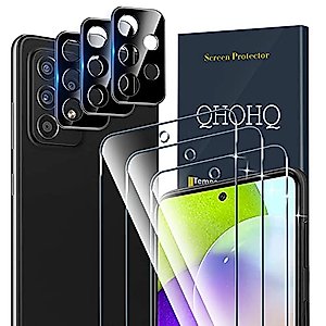 QHOHQ 3 Pack Screen Protector for Samsung Galaxy A52 4G/A52 5G/A52S 5G with 3 Pack Camera Lens Protector, Tempered Glass Film, 9H Hardness, HD, Anti-Scratch, 2.5D Edge, Anti-Fingerprint, Easy to install